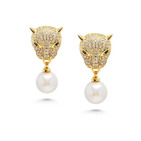 NIALAYA JEWELRY Gold Panther Drop Earrings With Pearl - Gold/white