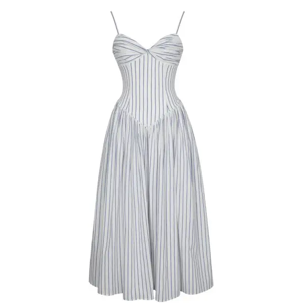 MISS CIRCLE NEW YORK Olea Sky Striped Cotton Poplin Ruched Midi Dress - Blue