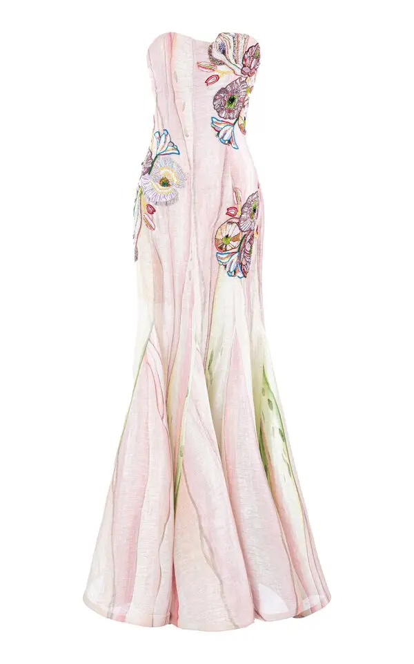 LA FUORI Ombré Linen-silk Organza Maxi Dress With Floral Appliqués - Print