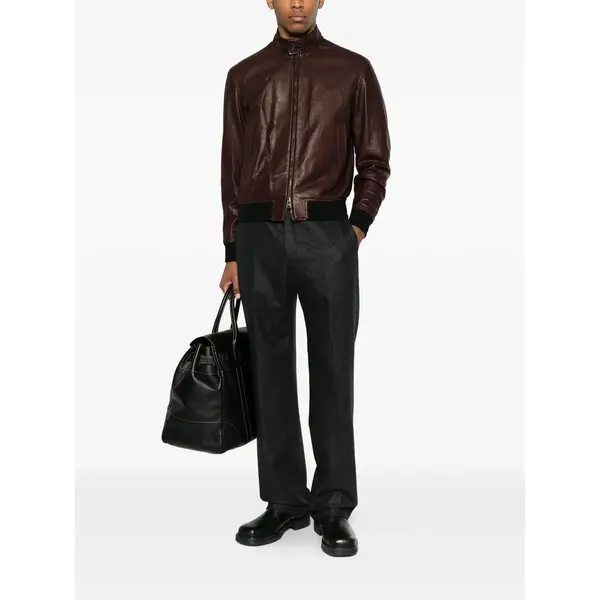 Tagliatore Lambskin Leather Bomber Jacket With High Neck - Brown