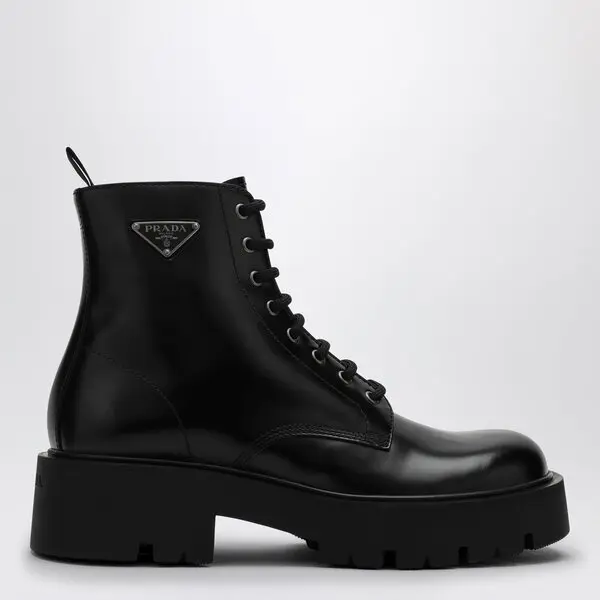 Prada Brushed Leather Lace-up Ankle Boots With Logo Detail
