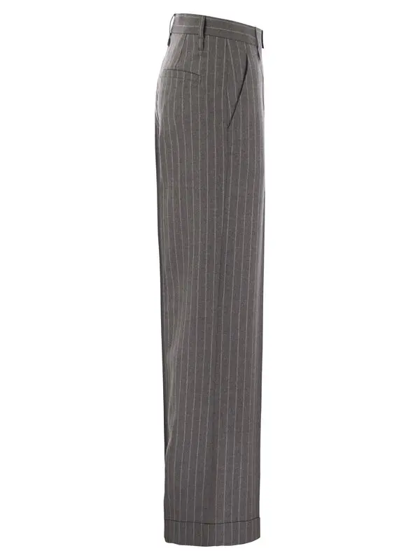 Brunello Cucinelli Virgin Wool Mouliné Pinstripe Loose Flared Trousers With Beadwork - Gray