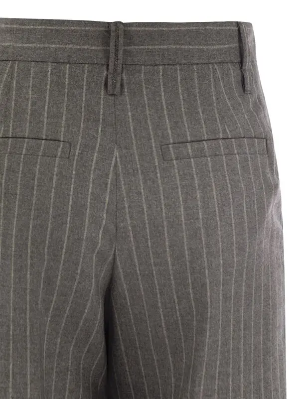 Brunello Cucinelli Virgin Wool Mouliné Pinstripe Loose Flared Trousers With Beadwork - Gray