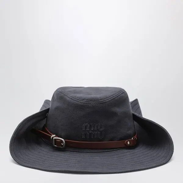 Miu Miu Cotton Drill Cowboy Hat With Leather Strap And Buckle - Gray