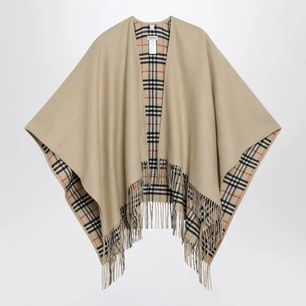 Burberry Reversible Wool Cape With Fringes - Cream