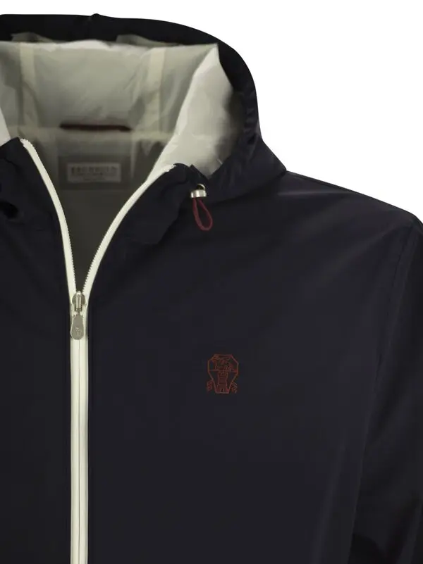 Brunello Cucinelli Membranated Nylon Jacket With Logo And Hood - Blue