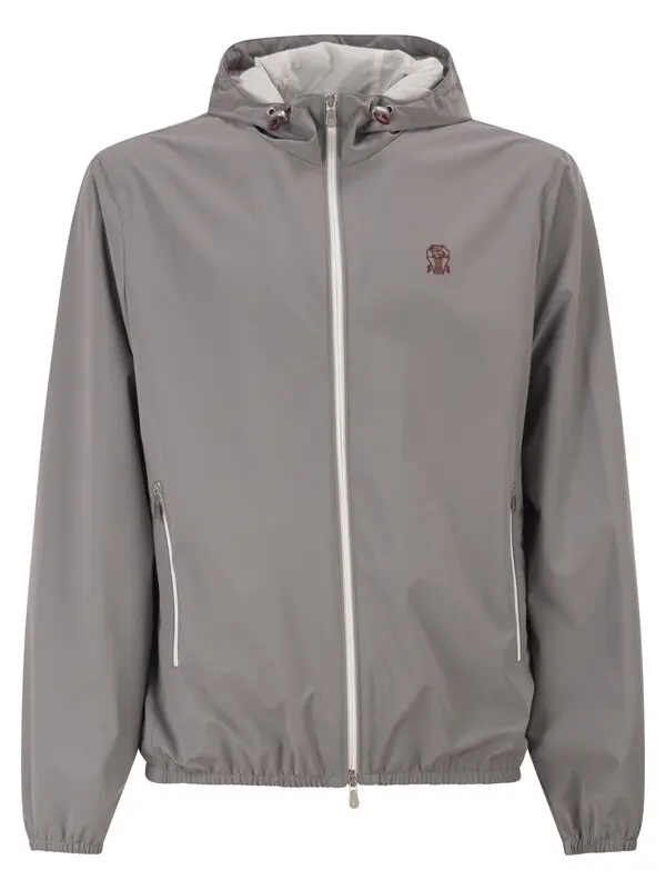 Brunello Cucinelli Membranated Nylon Jacket With Logo And Hood - Gray