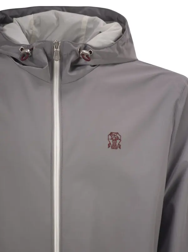 Brunello Cucinelli Membranated Nylon Jacket With Logo And Hood - Gray