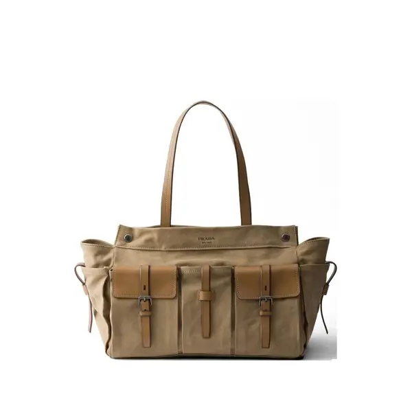 Prada Canvas And Calf Leather Tote Bag With Buckled Flap Pockets - Brown