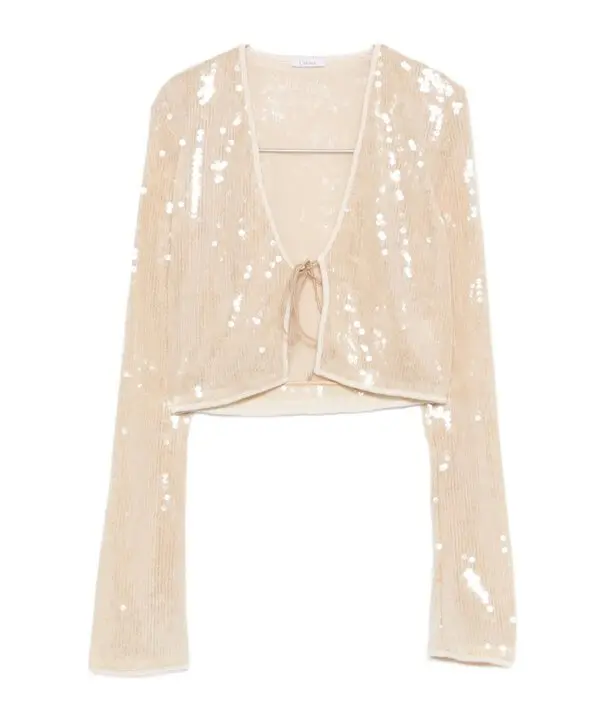 Oseree Sequined V-neck Top With Front Tie Closure