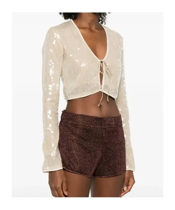 Oseree Sequined V-neck Top With Front Tie Closure