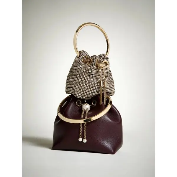 JIMMY CHOO Bordeaux Calf Leather Bucket Bag With Pearl Embellishments