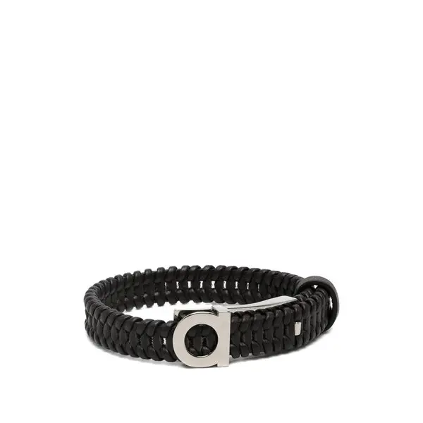 FERRAGAMO Braided Leather Gancini Clasp Bracelet - Black