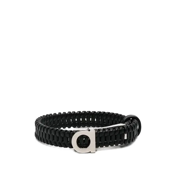 FERRAGAMO Gancini Plaque Braided Leather Bracelet - Black