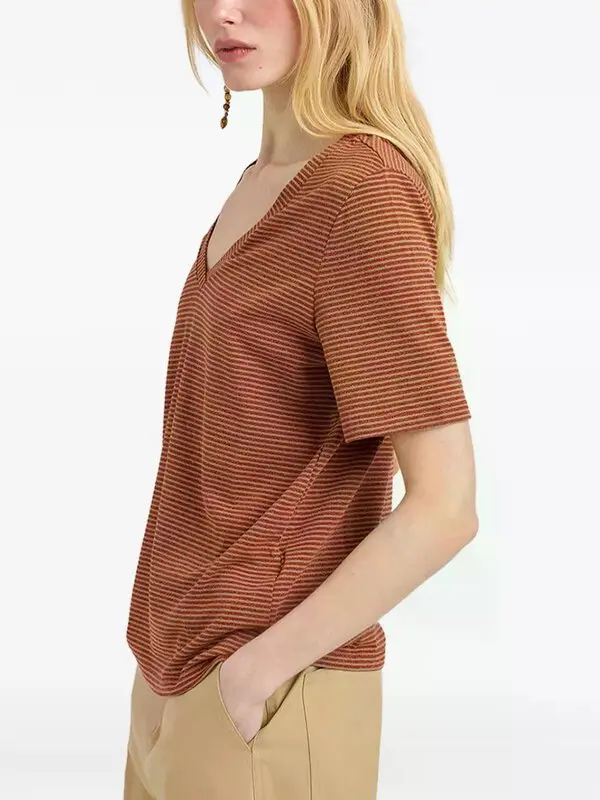 Momoni Trails Striped V-neck T-shirt - Brown