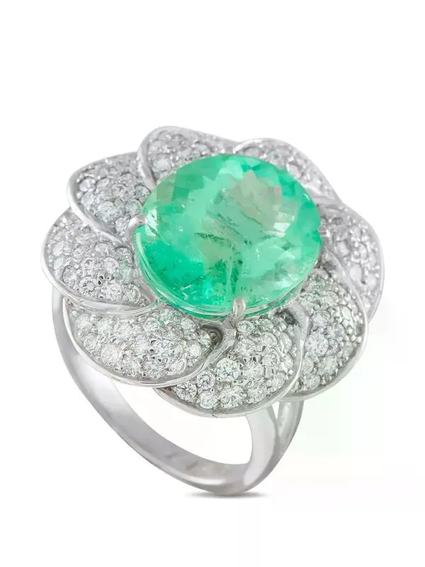 LB EXCLUSIVE Emerald And Diamond Abstract Floral Ring - Silver