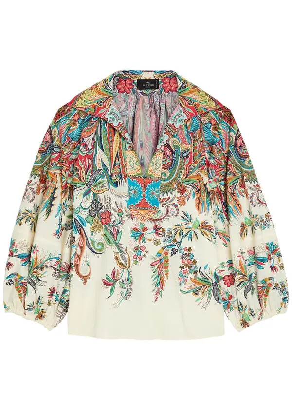 Etro Printed Balloon-sleeve Cotton-poplin Top - Multicoloured