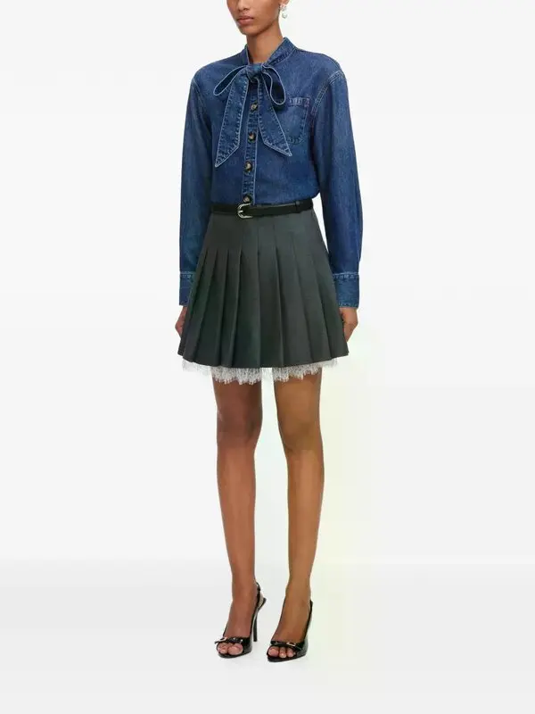 SELF-PORTRAIT Denim Textured Pussy-bow Shirt