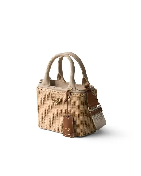 Prada Small Wicker And Canvas Tote Bag - Neutral