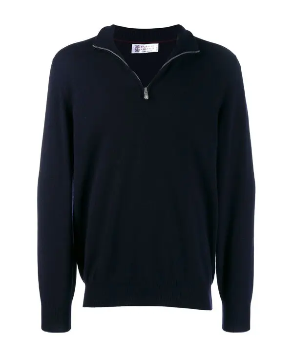 Brunello Cucinelli Half-zip Ribbed Knit Polo Shirt - Navy Blue