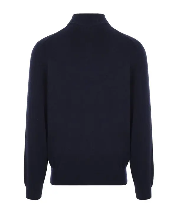 Brunello Cucinelli Half-zip Ribbed Knit Polo Shirt - Navy Blue