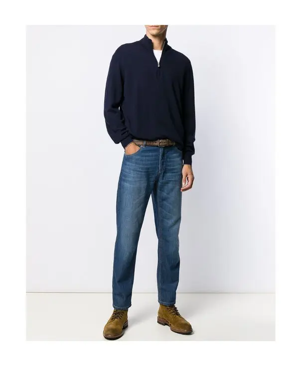 Brunello Cucinelli Half-zip Ribbed Knit Polo Shirt - Navy Blue