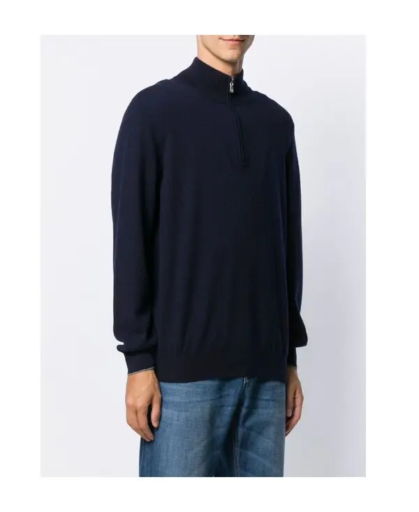 Brunello Cucinelli Half-zip Ribbed Knit Polo Shirt - Navy Blue