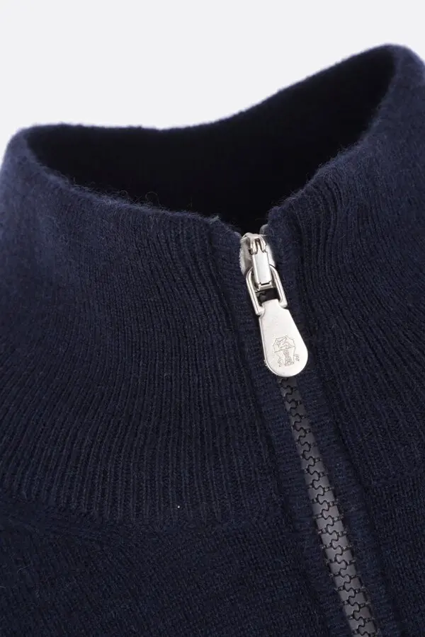 Brunello Cucinelli Half-zip Ribbed Knit Polo Shirt - Navy Blue