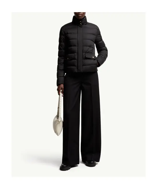 Moncler Bissettes Short Down Jacket With Stand Collar And Leather Logo - Black