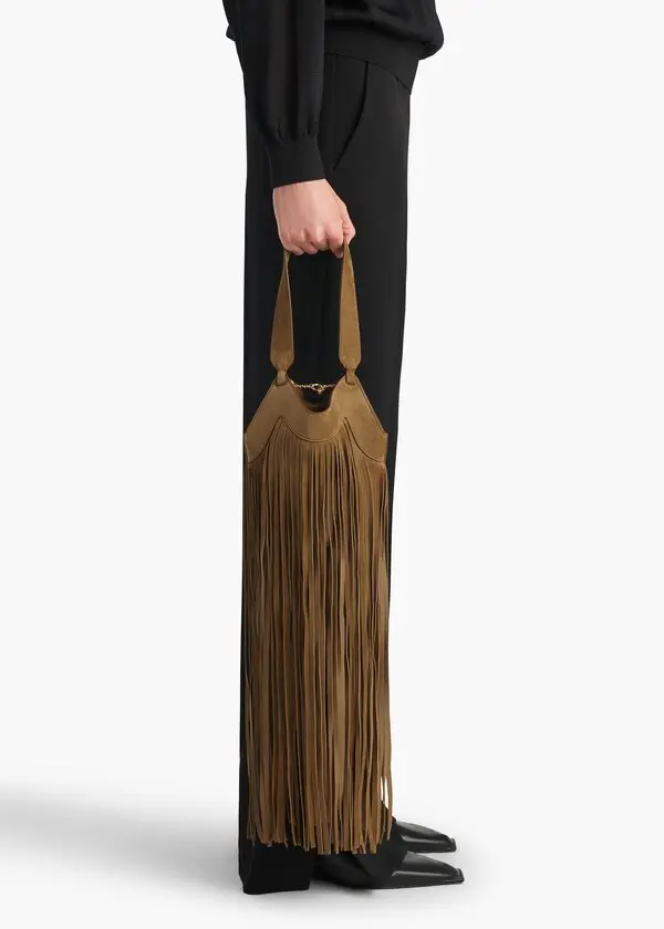 Khaite Nano Lotus Fringe Tote In Suede - Mud