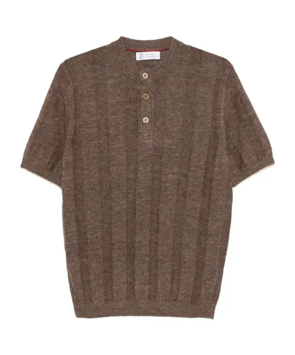 Brunello Cucinelli Ribbed Short Sleeve Sweater With Three-button Placket