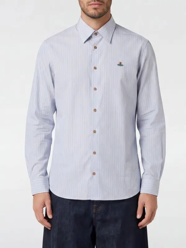VIVIENNE WESTWOOD Striped Slim Fit Cotton Shirt With Embroidered Orb Logo - Grey