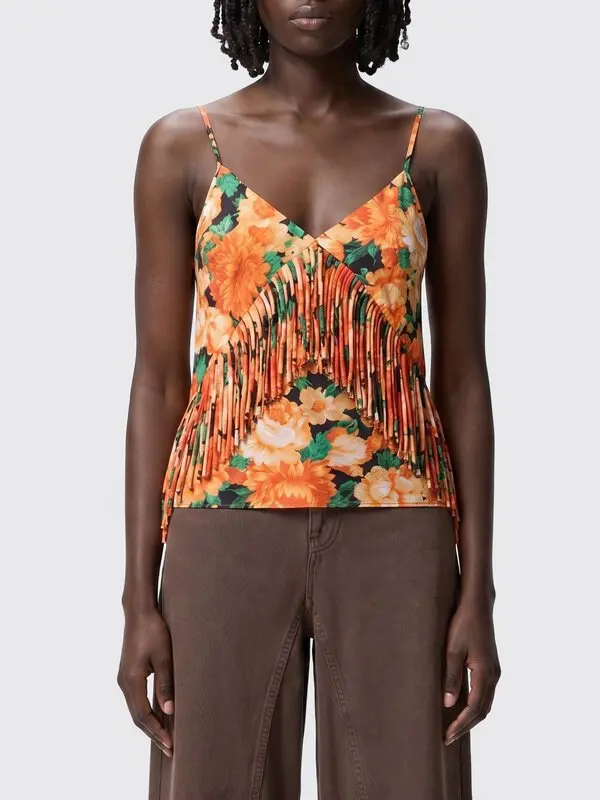 Pinko Floral Print Viscose Top With Fringe Detail - Orange