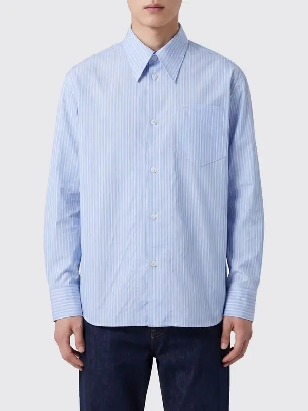 AMI Paris Relaxed Fit Striped Cotton Shirt With A Point Collar And Patch Pocket - Blue