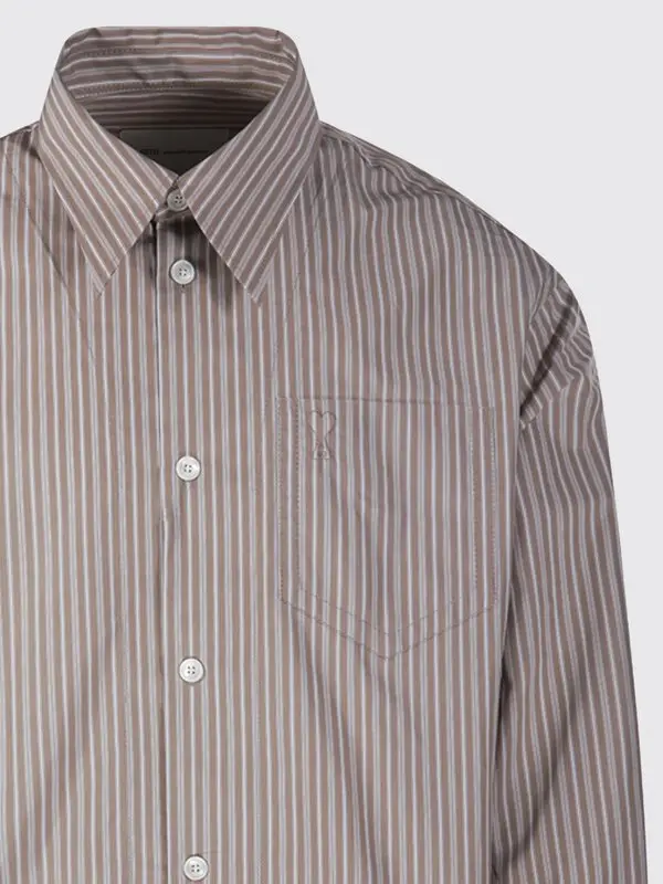 AMI Paris Relaxed Fit Striped Cotton Shirt With A Point Collar And Patch Pocket - Nude
