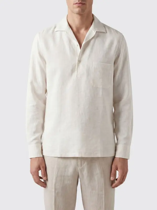 LARDINI Long-sleeved Linen And Cashmere Polo Shirt With Cuban Collar - Sand