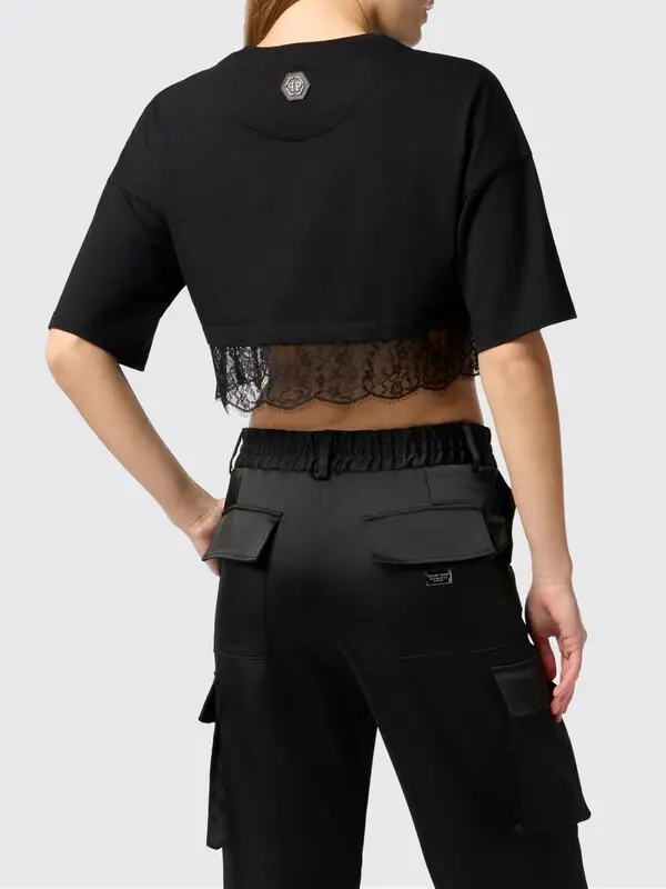 Philipp Plein Cotton Cropped T-shirt With Rhinestone Logo And Lace Detail