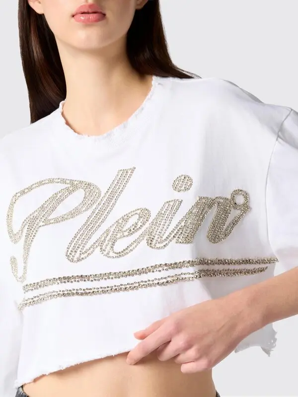 Philipp Plein Cotton Crew-neck T-shirt With Rhinestone Logo - White