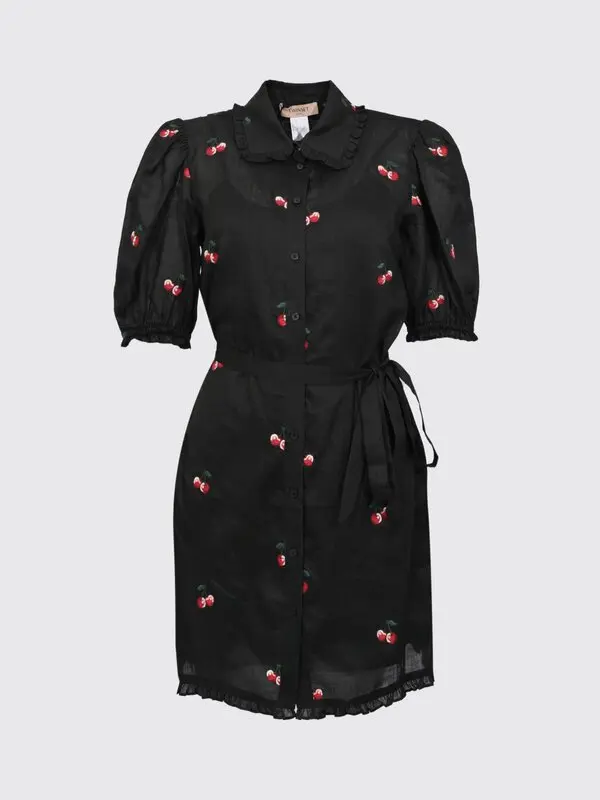 TWINSET Ramie Embroidered Mini Dress With Puff Sleeves And Belt