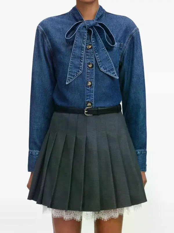 SELF-PORTRAIT Denim Texture Pussy-bow Shirt - Blue
