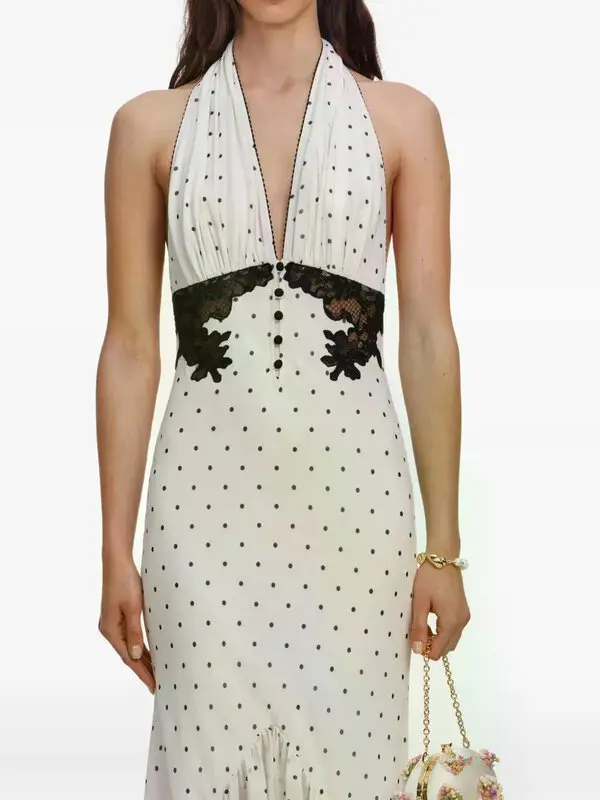 SELF-PORTRAIT Lace-trimmed Polka-dot Halterneck Dress