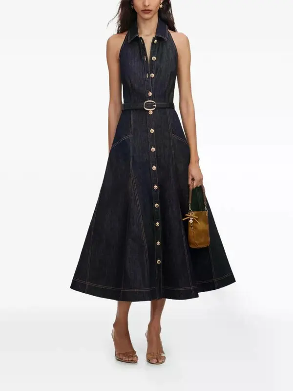 SELF-PORTRAIT Denim Midi Dress With Belt - Blue