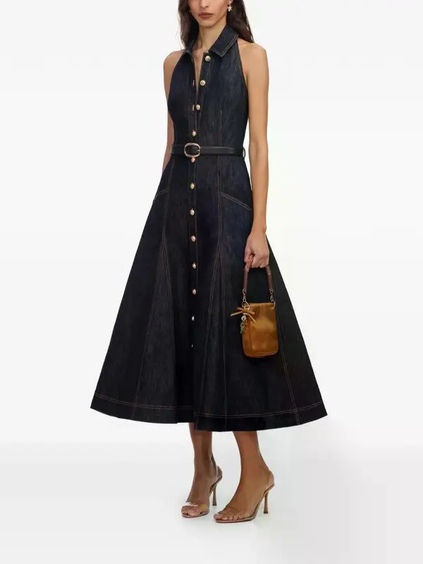 SELF-PORTRAIT Denim Midi Dress With Belt