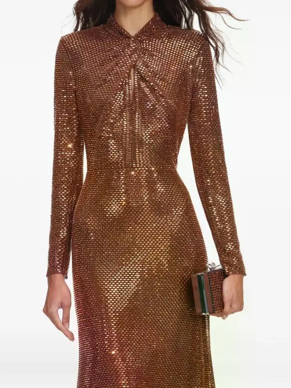 SELF-PORTRAIT Rhinestone Embellished High Neck Midi Dress - Brown