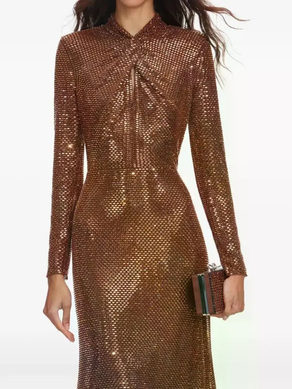 SELF-PORTRAIT Rhinestone Embellished High Neck Midi Dress - Brown