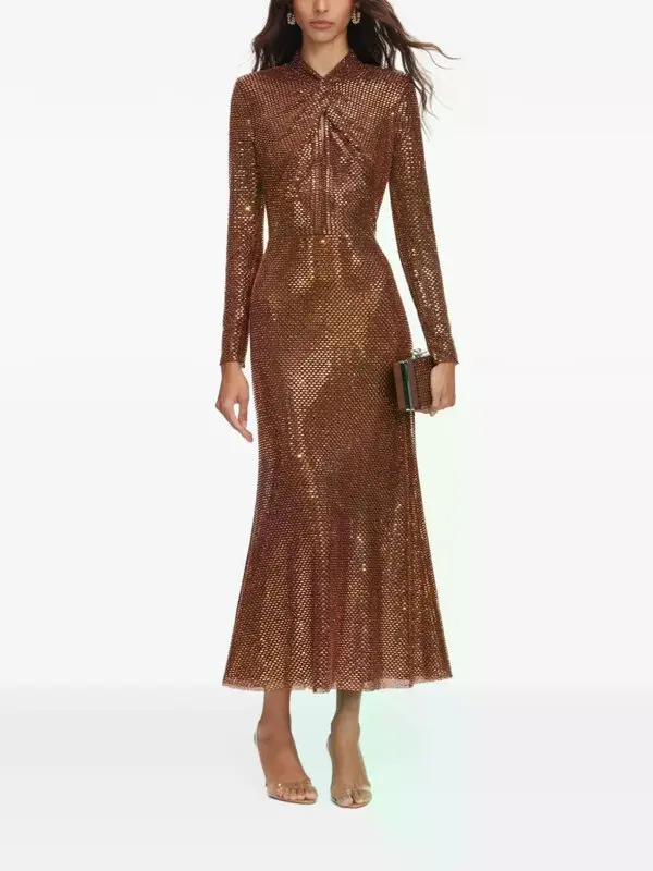 SELF-PORTRAIT Rhinestone Embellished High Neck Midi Dress - Brown