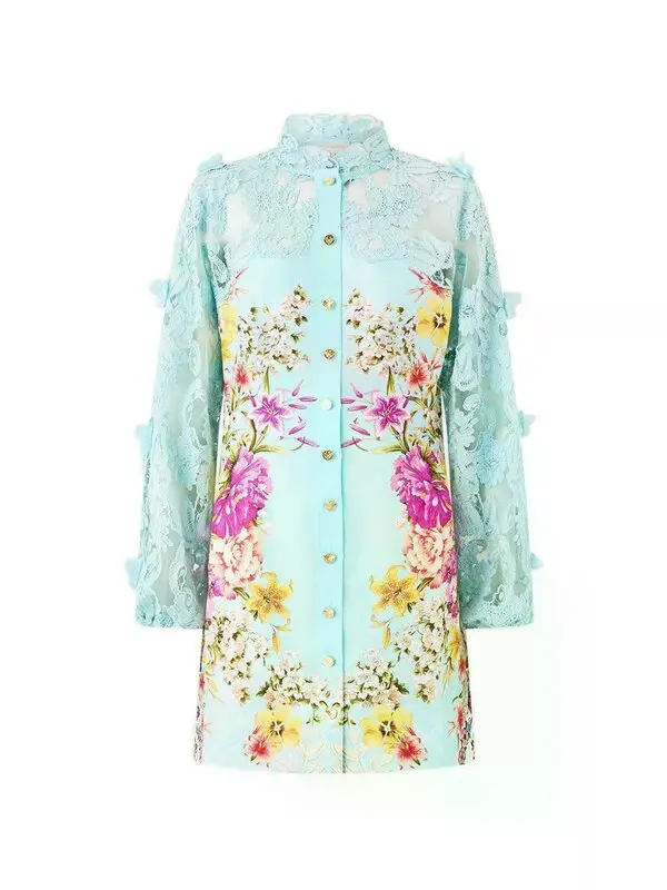 Camilla Lace Sleeve Floral Dress - Blue