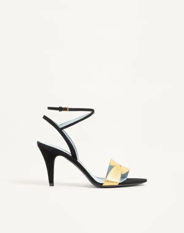 Valentino Garavani Foliefoliage Suede Sandal 85mm - Black/gold