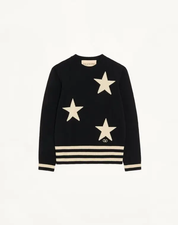 Valentino Garavani Wool Crewneck Jumper With Star Motif And Vlogo Embroidery - Black/butter