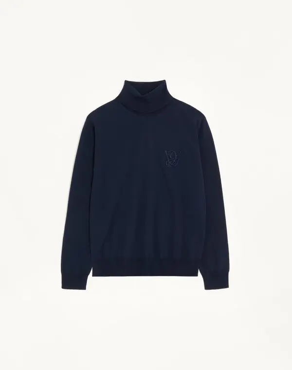Valentino Garavani Wool High-neck Jumper With Vg Embroidery - Dark Blue